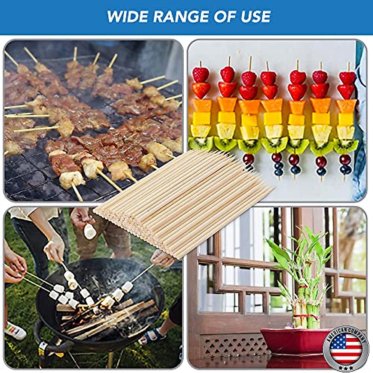 Reusable Natural Bamboo Skewers for BBQ, Kabob, Appetizer, Chocolate Fountain, Crafting, Party - 16 Inch Kebab BBQ Sticks & Skewer Wooden Skewers (100 PCS) - Thick Ideal for Grilling