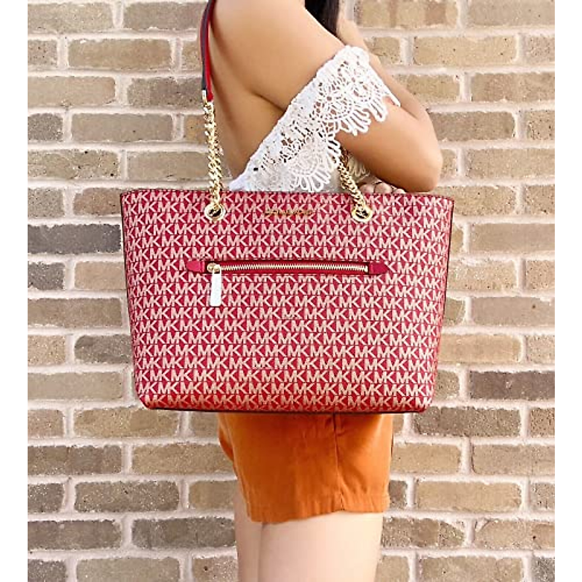 Michael Kors Jet Set Travel Medium Front Pocket Chain Tote Chili Red Gold MK