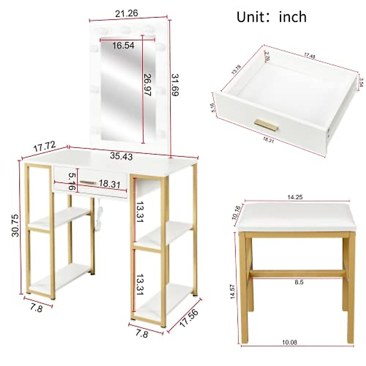 Vanity Desk Set, Makeup Vanity with Chair & Mirror & Adjustable Brightness Lights & Large Drawer, Vanity Table for Bedroom, Bathroom, Small Space (White)