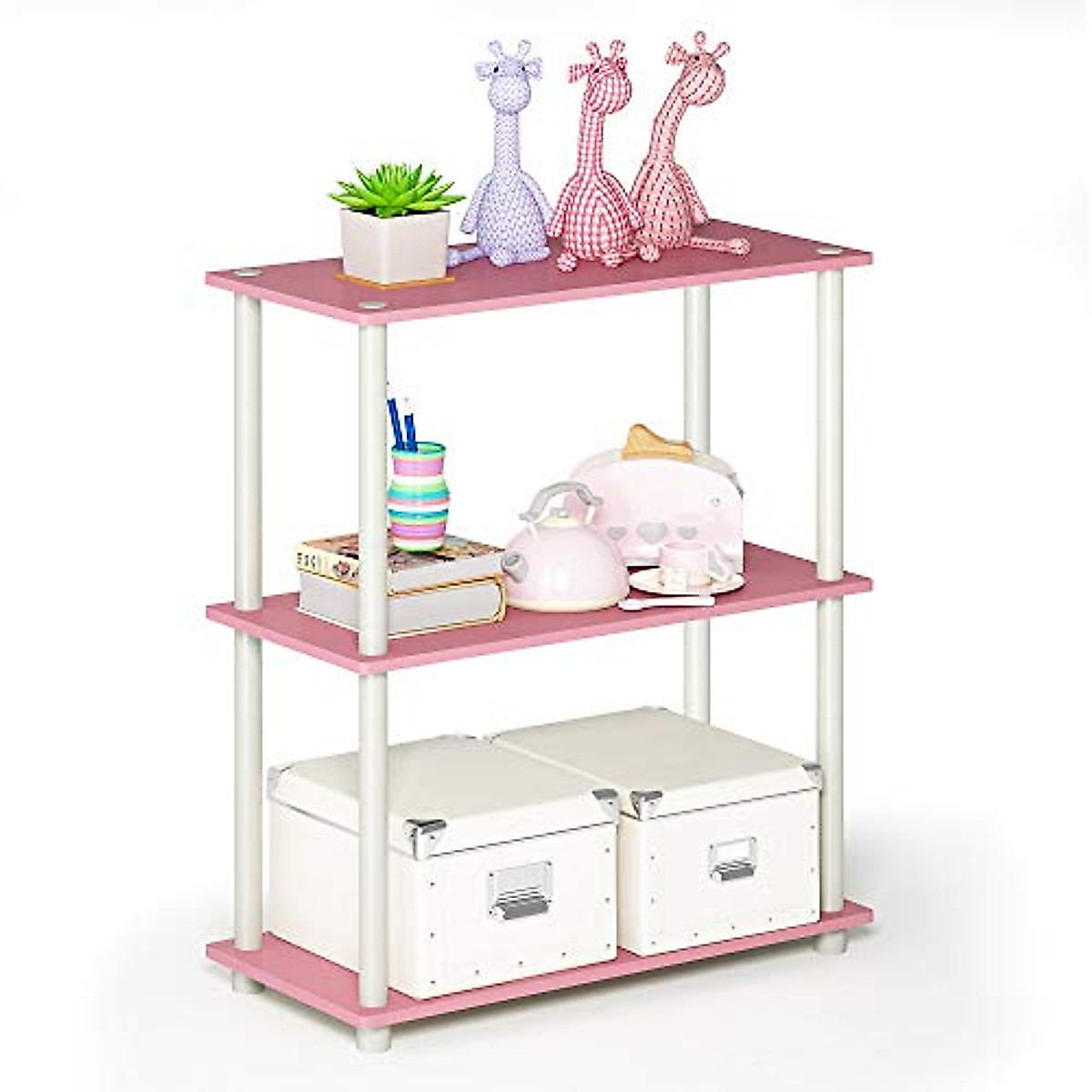 Furinno Turn-N-Tube 3-Tier Compact Multipurpose Shelf Display Rack, Pink/White