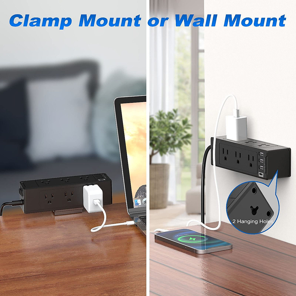 QBA Desk Clamp Power Strip with USB C, 9 Widely Spaced Outlets with 4 USB Ports, 3 Side Outlet Extender with 6FT Extension Cord, Desk USB Charging Station for Home Office Dorm, Black