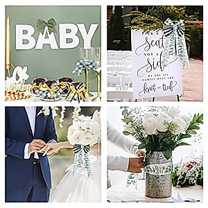 30 Yards Eucalyptus Wired Ribbon Sage Green Leaves Burlap Ribbons Greenery Decorative Ribbon Checkered Stripe Ribbon for Wedding Party Bridal Bouquets Spring Bow Wreath Making DIY Crafts