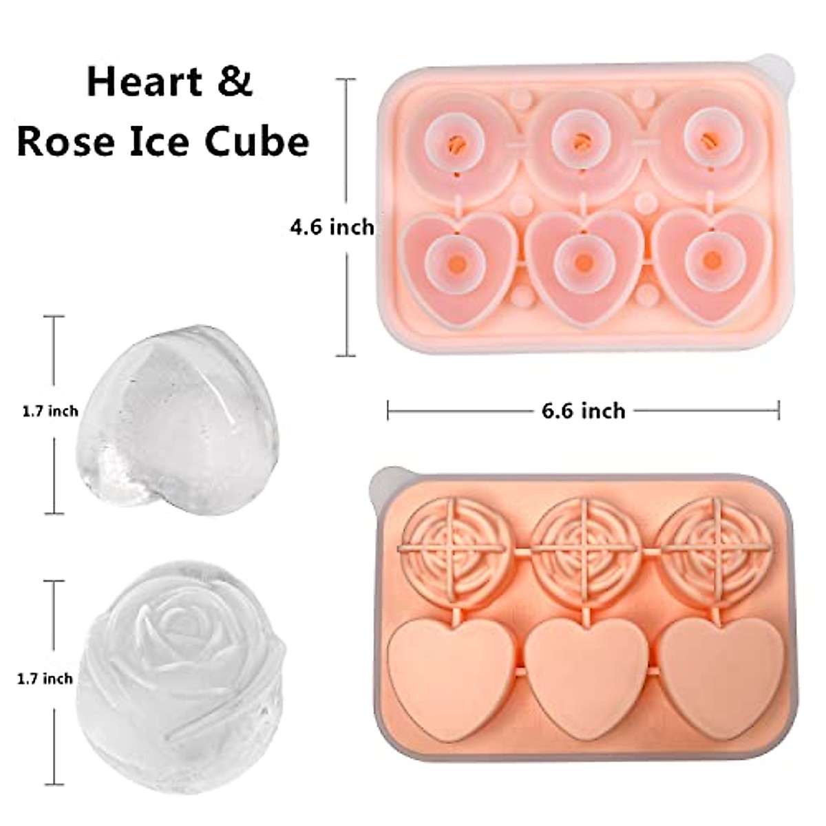 Rose Ice Cube Mold, Heart Shape Ice Cube Tray, Fun Silicone Ice Mold with Clear Funnel-type Lid, 3 Heart & 3 Rose Shape Ice Balls for Chilling Whiskey Cocktails Drinks, Pink
