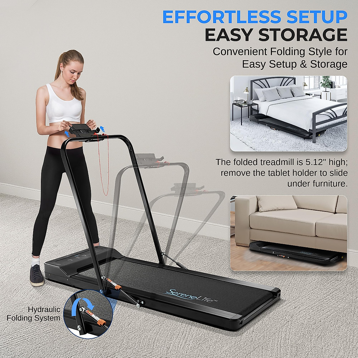 SereneLife Folding Treadmill Exercise Running Machine, Under Desk Storage, Electric Motorized with16 Pre-Set Program, Bluetooth Integration, Home Gym/Office, Walking or Jogging, 265lbs Capacity