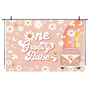 One Groovy Happy Birthday Backdrop for Girls Retro Boho 1st Birthday Party Photo Background Girl Daisy Floral Happy 1st Birthday Newborn Baby Party Decorations Cake Table Banner 5x3ft