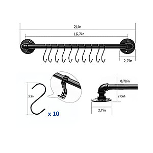 Bailoo Industrial Pipe Pot Pan Rack 21" (2 Pack), Wall mount Pot hangers Pan Hanging Rail Lid Hanger for kitchen with 10 S Hooks