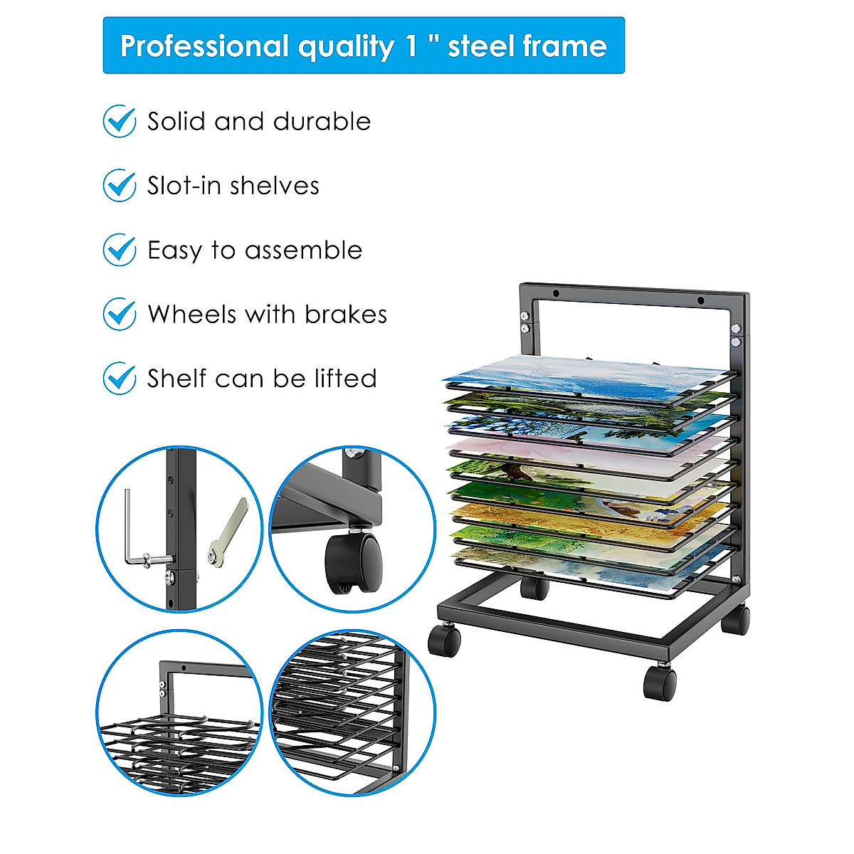 WISIMMALL Art Drying Rack, Paint Drying Rack with 9 Removable Shelves,Wall Art Storage Drying Rack with Wheels for Classrooms & Art Studios(9 Shelves)