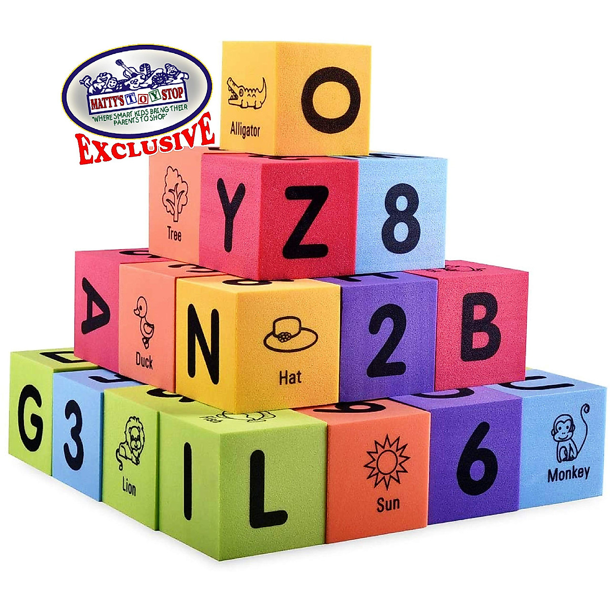 Deluxe 2" EVA Foam Colorful Building Blocks (30 PCS) Featuring Abc's, Numbers & Pictures with Bonus Matty's Toy Stop Storage Bag