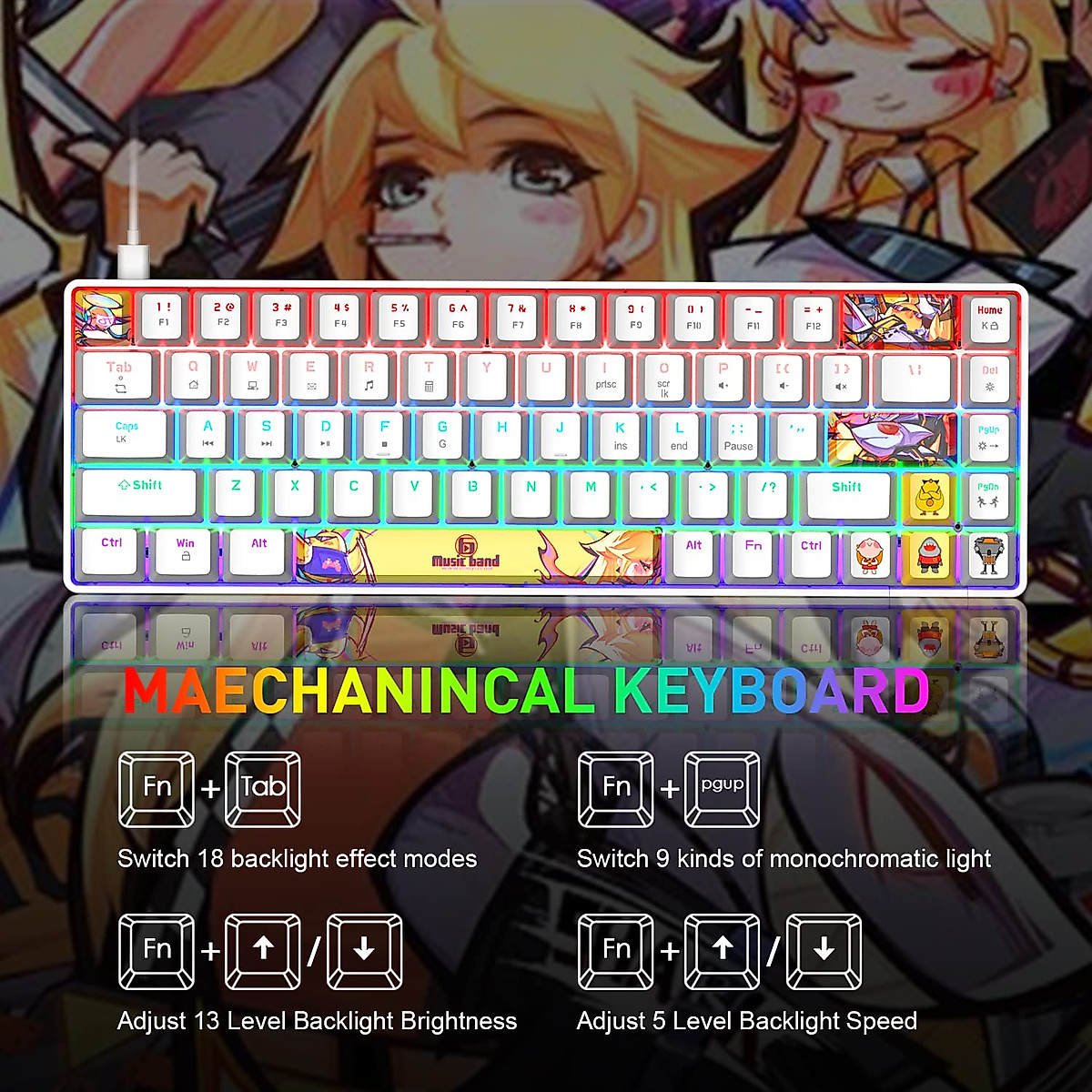 Portable 60% Mechanical Gaming Keyboard 18 Chroma RGB Backlit Ultra-Compact 68 Keys Dye Sublimation PBT Ergonomic Full Keys Anti-ghosting Compatible with PS4,PS5,PC,Gamers,Typist(White/Red Switch)