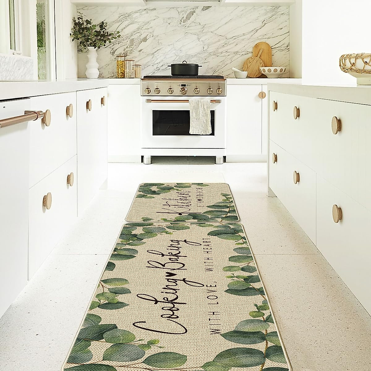 Artoid Mode Eucalyptus Leaves Mats Set of 2, Kitchen is The Heart of The Home Cooking with Love Baking with Heart Decorations for Home 17 x 29 and 17 x 47 Inch