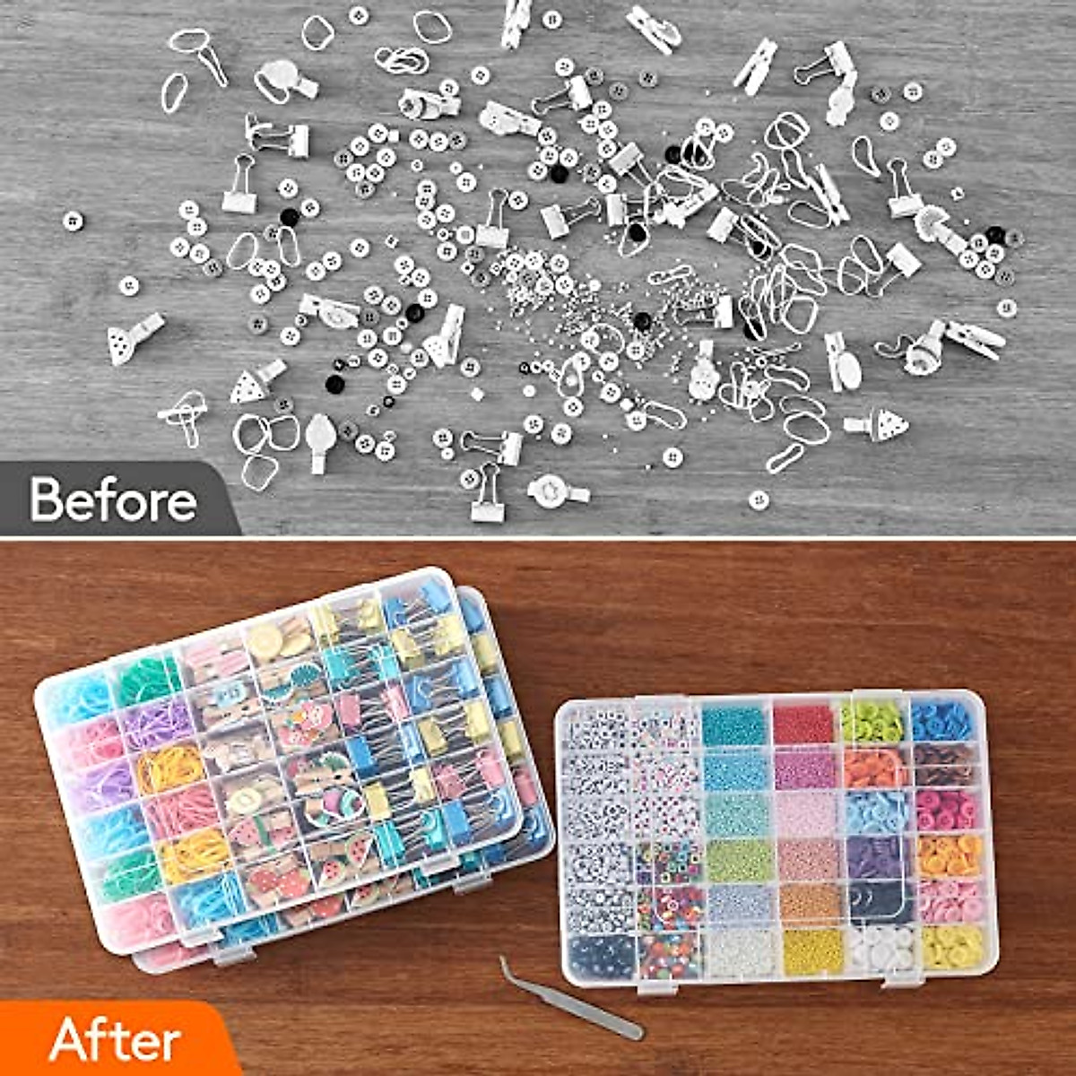 Lifewit 2 Pack 36 Grids Clear Stackable Plastic Organizer Storage Box Container with Adjustable Dividers for Beads, Art DIY, Crafts, Jewelry, Fishing Tackle with 5 Sheet Label Stickers