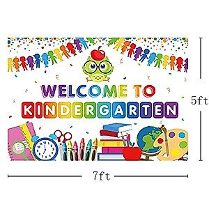 MEHOFOND 7x5ft Welcome to Kindergarten Backdrop Owl Colorful Flags Back to School Kids Classroom Party Decorations First Day in Preschool Kindergarten Photography Background Photo Studio
