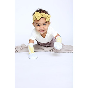 Handsocks Plushy Stay On Strap-Free No-Scratch & Warmth Mittens (Medium 6-12 Months. Bicep Size Should be Bicep 5.0"-8.0"), Olivia (Grey/Yellow Elephant) - One Pair