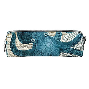 Ykklima Leather Pencil Case - Blue Octopus Nautical Map Pattern, Stationery Bag Pen Organizer Makeup Cosmetic Holder Pouch for School Work Office College