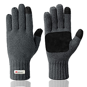 Evridwear Mens Winter Warm Gloves,Wool Knitted Thermal Anti-Slip Touchscreen Glove with 3M Thinsulate Insulated Lining for Cold WeatherLight Work(Grey,L)