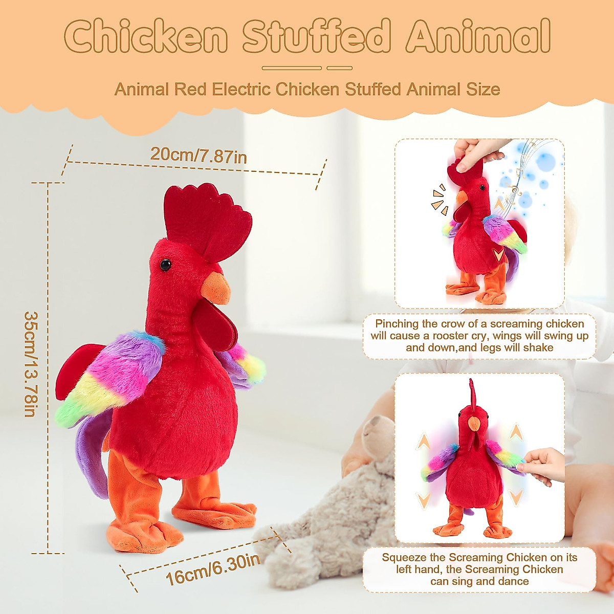 SdeNow Musical Squawking Chicken Stuffed Animal Walking Singing Waving Rooster Fun Electronic Interactive Animation Plush Toys Gifts for Kids