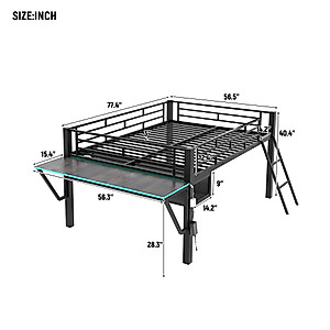 SOFTSEA Metal Low Loft Bed with Desk Full Loft Bed Frame Gaming Bed with LED and Storage Space for Kids