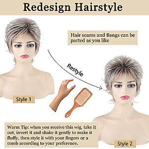 TISHINING Layered Short Blonde Pixie Wigs for White Women Dark Brown Ombre Blonde Pixie Cut Wig with Bangs Synthetic Natural Looking Daily Party Wig