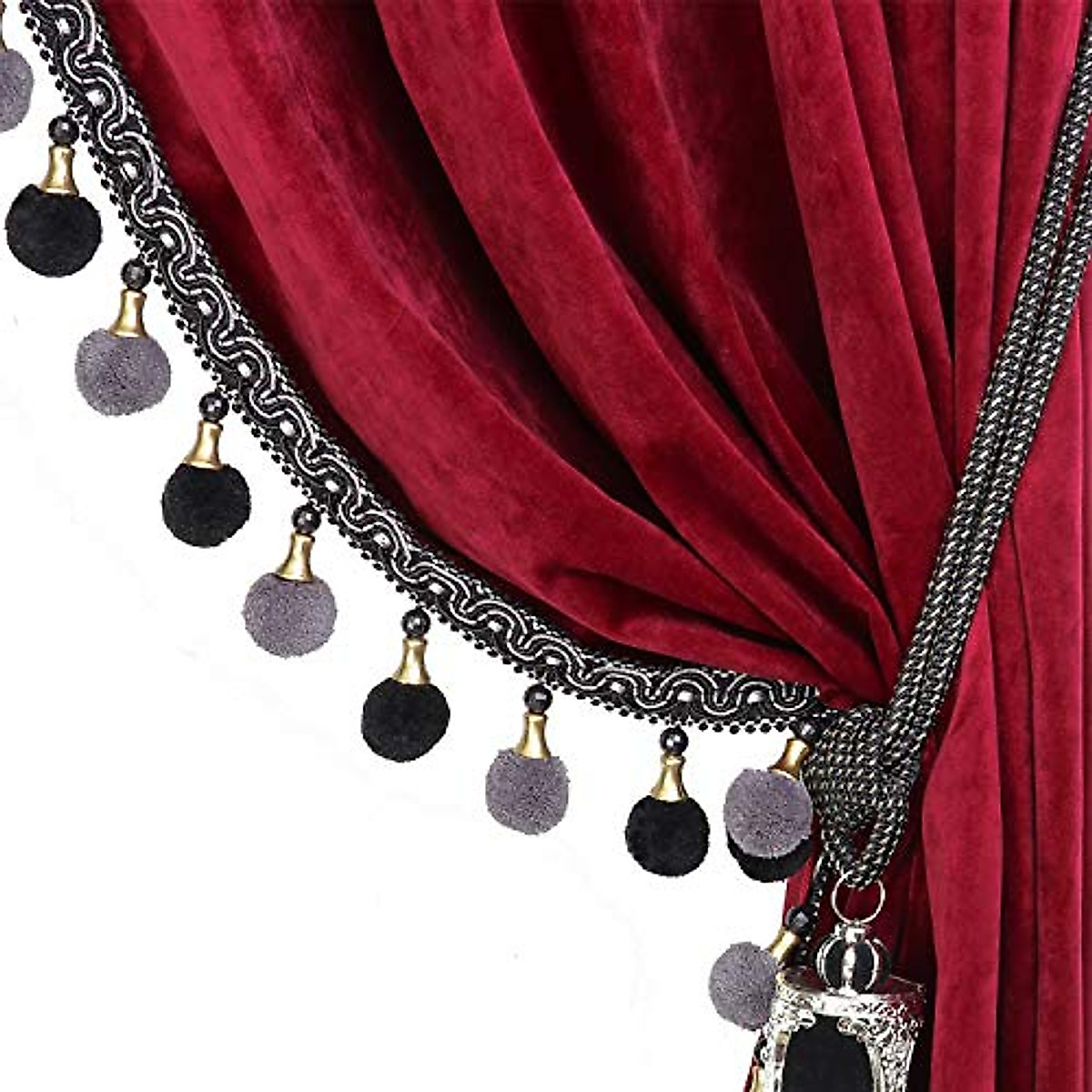 Luxury Pom Poms Curtain for Living Room Blackout Velvet 2 Panels Curtains Set Luxury Tassel Bedroom Curtains (Burgundy, (50W×84L)×2)