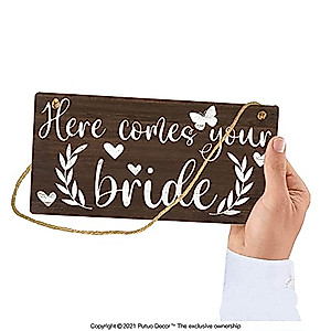 Putuo Decor Wedding Sign, Rustic Wall Art Decorations for Anniversaries, Ceremony and Reception, 10x5 Inches Wall Hanging Plaque - Here Comes Your Bride