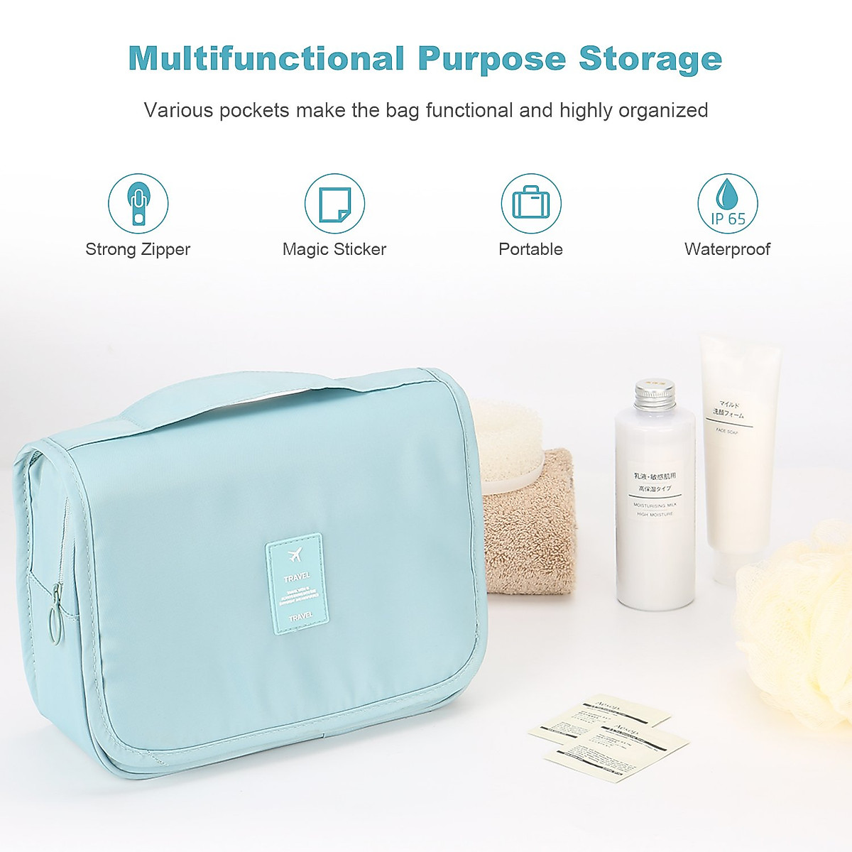 Mossio Hanging Toiletry Bag - Large Cosmetic Makeup Travel Organizer for Men & Women with Sturdy Hook (Beige)