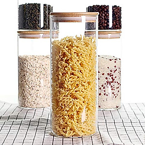 LEAVES AND TREES Y Stackable Kitchen Canisters Set, Pack of 5 Clear Glass Food Storage Jars Containers with Airtight Bamboo Lid for Candy, Cookie, Rice, Sugar, Flour, Pasta, Nuts