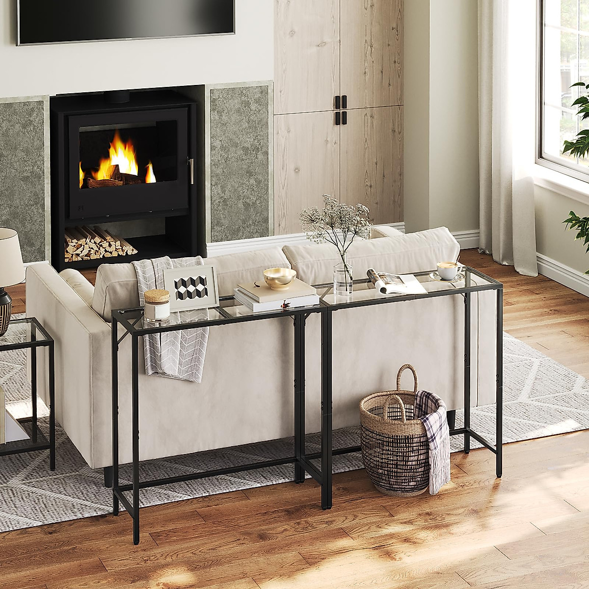 MAHANCRIS Console Table, 27" Narrow Behind Sofa Table, Tempered Glass Entryway Table with Metal Frame, Adjustable Feet, Industrial Style, for Entrance, Living Room, Hallway, Balcony, Black CTH68B01