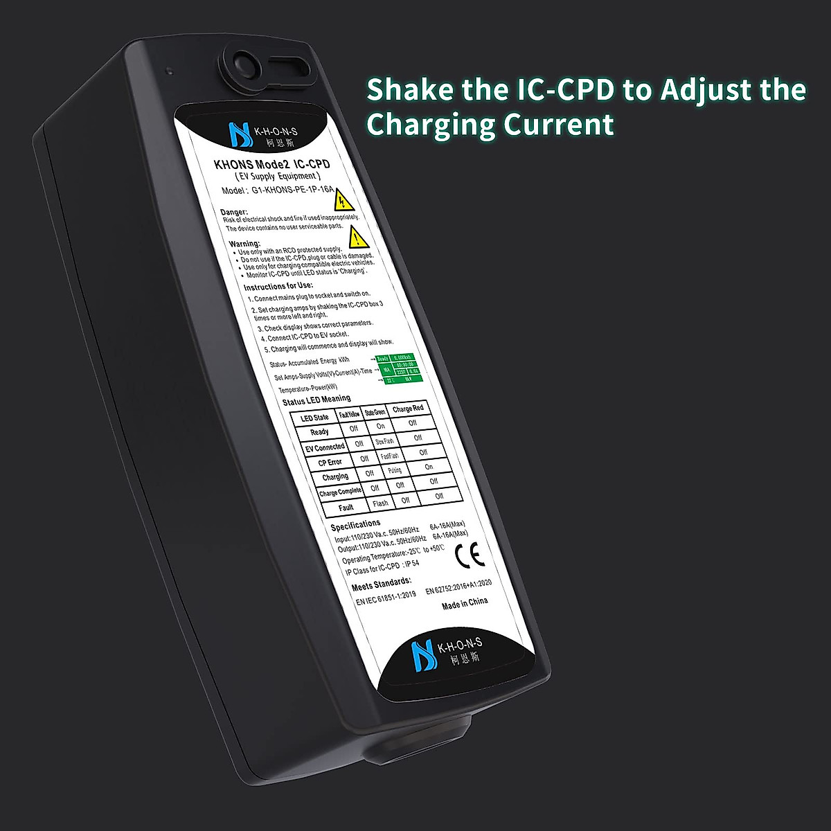 K.H.O.N.S. Portable EV Charger Level 2 J1772 6-20 Plug 16A/25FT Cable for Indoor and Outdoor Charing (G1S-5C)