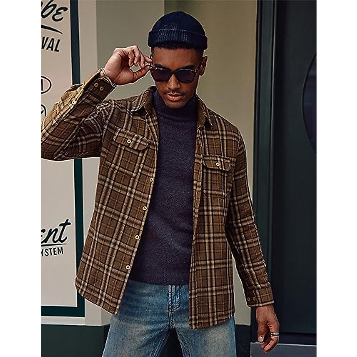 Mens Vintage Plaid Shacket Jacket Flannel Shirt for Men Button Down Shirt Jacket Tops Coffee