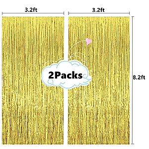 2 Pcs 3.2ft x 8.2ft Shiny Gold Metallic Tinsel Foil Fringe Curtains Photo Booth Backdrop for Birthday Wedding Holiday Celebration Bachelorette Party Decorations (Gold)