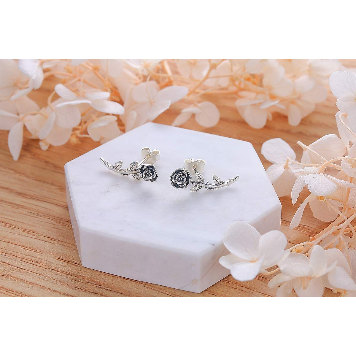 S925 Sterling Silver Rose Flower Clip Stud Ear Cuffs Crawler Climber Earrings for Women Teen