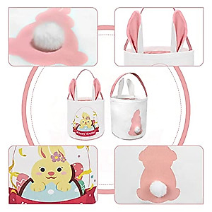 Asbtos 3 Pack Easter Basket, Bunny Baskets for Kids with Cute Rabbit Ears Stripe Storage Gifts Candies, Blue, Pink, Purple(9 x 9 x 14 inches)