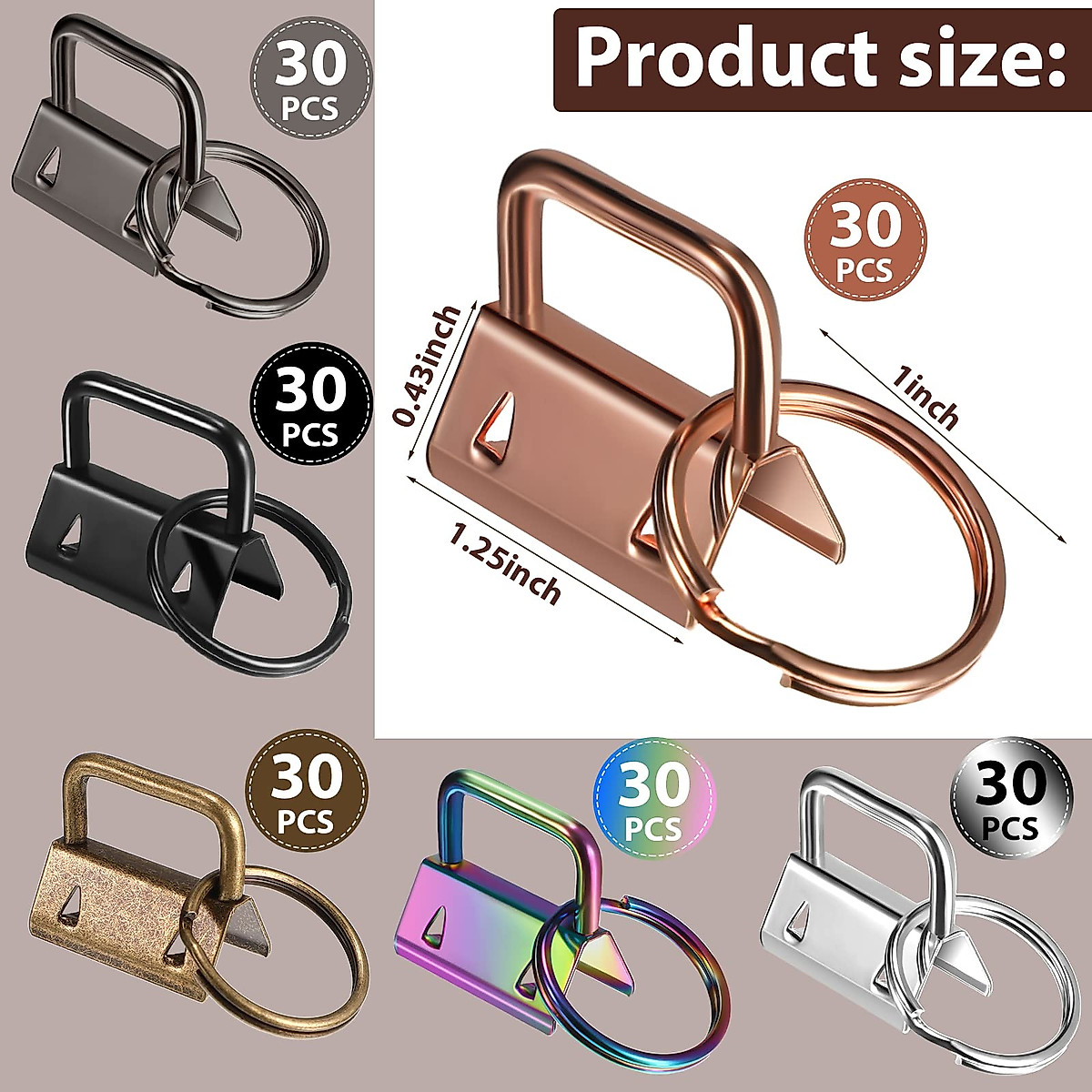 Tenare 180 Pcs Key Fob Hardware 6 Colors Keychain Fob Wristlet Hardware with Key Ring Key Fob Chain Hardware 1 Inch (180 Pcs)