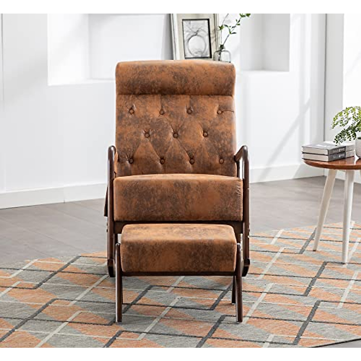 Kurhwyss Nursery Rocking Chair with Ottoman, Upholstered Rocker Chair with Arm Pocket, Modern Accent Glider Chair with Comfy High Back for Living Room Bedroom (Coffee)