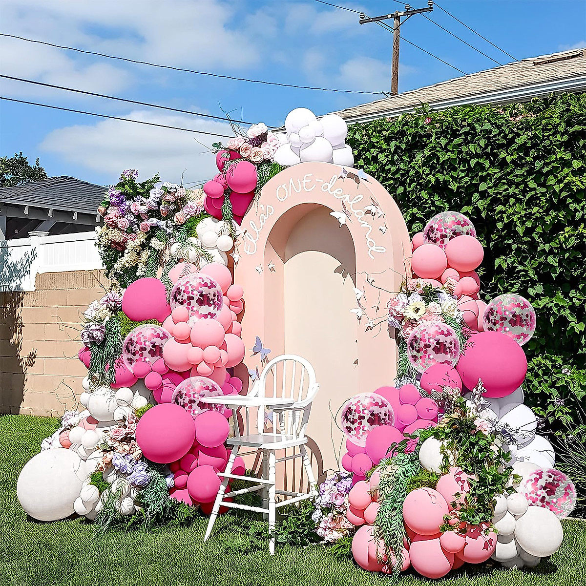 146 Pieces Rose Pink Balloon Garland Arch Kit Hot Pink Balloon Garland Kit White Balloons for Wedding Party Princess Theme Birthday Bridal Shower Decorations