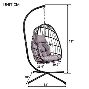 elify Wicker Hanging Swing Chair, Patio Rib Hanging Egg Chair with UV Resistant Grey Cushion and Aluminum Stand Frame in Door Outdoor Patio (Gray)
