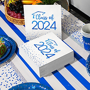 100Pcs Class of 2024 Graduation Napkins, Disposable Congrats Grad Paper Cocktail Napkins Square Foil Dot Hand Towels for 2024 School University College Graduation Party Decorations（Blue）