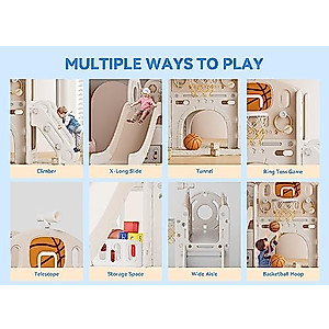 Toddler Slide, 8 in 1 Toddler Indoor Outdoor Playset with Slide, Climber, Basketball Hoop and Ball, Tunnel Crawl, Telescope and Storage Space, Kids Playground Sets for Backyards & Indoor (Coffee)
