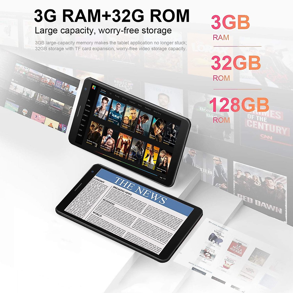 DUODUOGO Tablet with Keyboard, 2 in 1 Tablet Android 8 inch Quad Core 3GB RAM + 32GB ROM, 128GB Expandable, WiFi, HD IPS Display, Android 10, Dual Camera, 5000mAh, Bluetooth, GPS