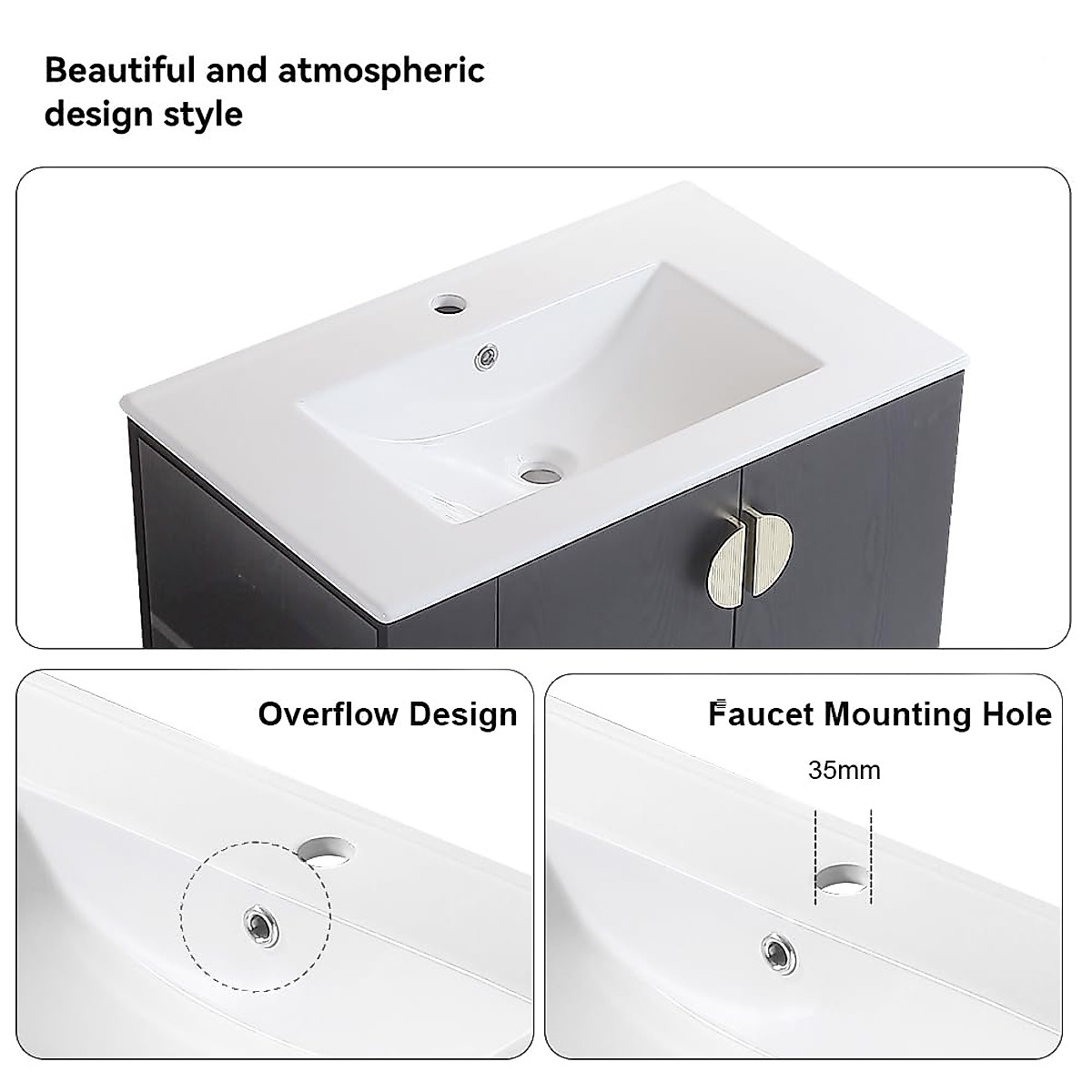 NOTOP 30" Floating Bathroom Vanity with White Ceramic Sink Comb, Modern Undermount Solid Wood Two Soft Close Doors Wall-Mounted Cabinet Set with Side Right Open Storage Shelf,Black, 30IN