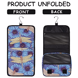 POFATO Dragonfly Blue Flower Travel Toiletry Bag Cosmetic Makeup Bag for Women Men Hanging Hook Wash Toiletries Portable Toiletry Bags Organizer