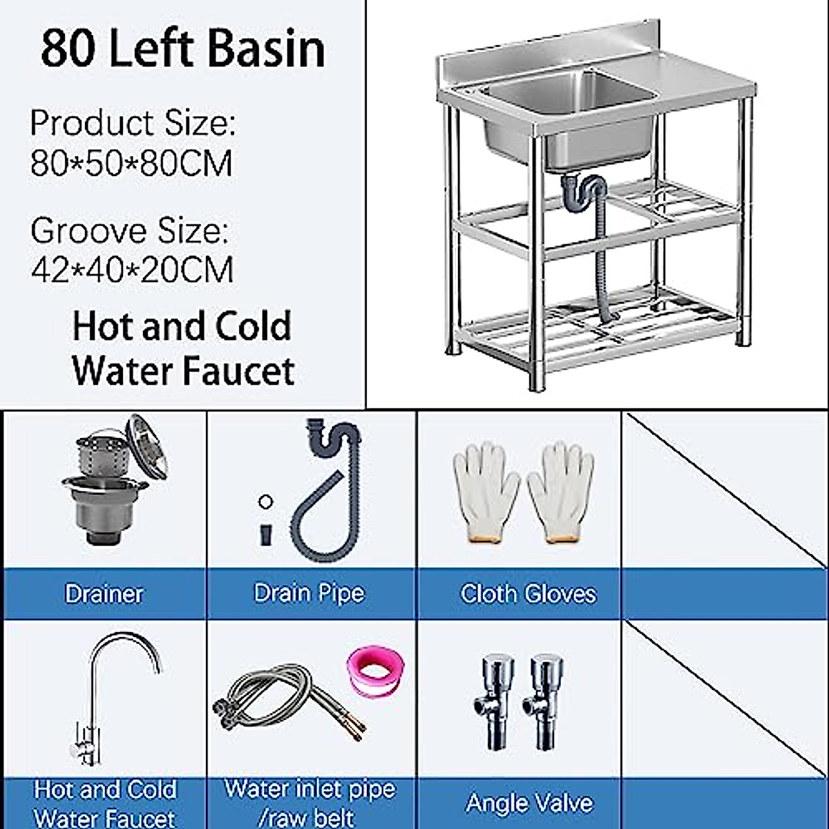 Free Standing Commercial Restaurant Kitchen Sink,Commercial/Industrial Sink,Stainless Steel Utility Sink w/Faucet, Stainless Steel 1 Compartment Utility Sink ( Color : Hot and cold , Size : LEFT_80*50