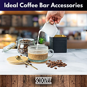 Scoozee Vintage Glass Coffee Mugs (4Pcs, 14oz), Overnight Oats Containers with Lids and Spoons, Clear Embossed Glass Cups | Coffee Bar Accessories, Gifts for Women, White Elephant Gifts