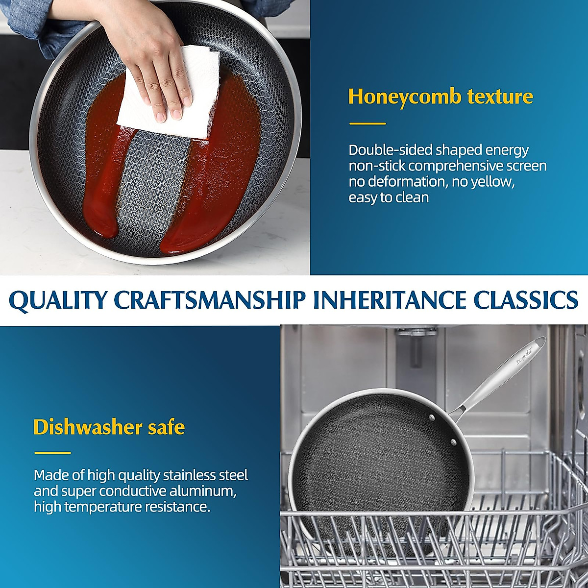 Dingerkit Frying Pans Nonstick, 11” Hybrid Stainless Steel Non Stick Frying Pans for Kitchen and Camping - Nonstick Cookware - Dishwasher and Oven Safe Skillet for Induction Gas Ceramic.