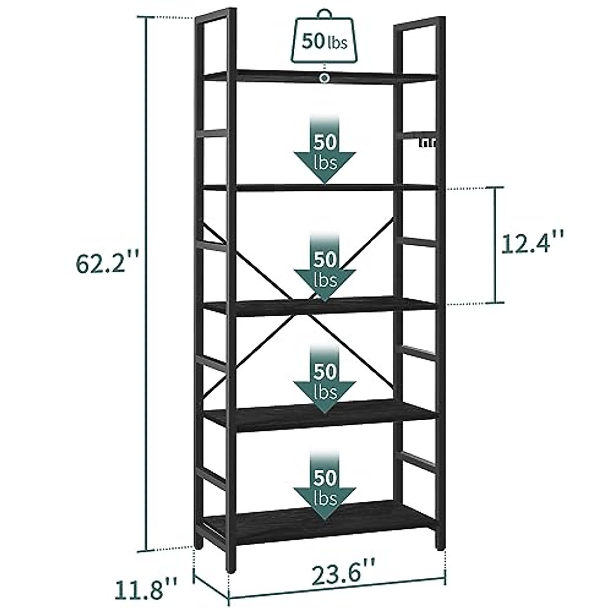 Yoobure 5 Tier Bookshelf - Tall Book Shelf Modern Bookcase for CDs/Movies/Books, Rustic Book Case Industrial Bookshelves Book Storage Organizer for Bedroom Home Office Living Room Black