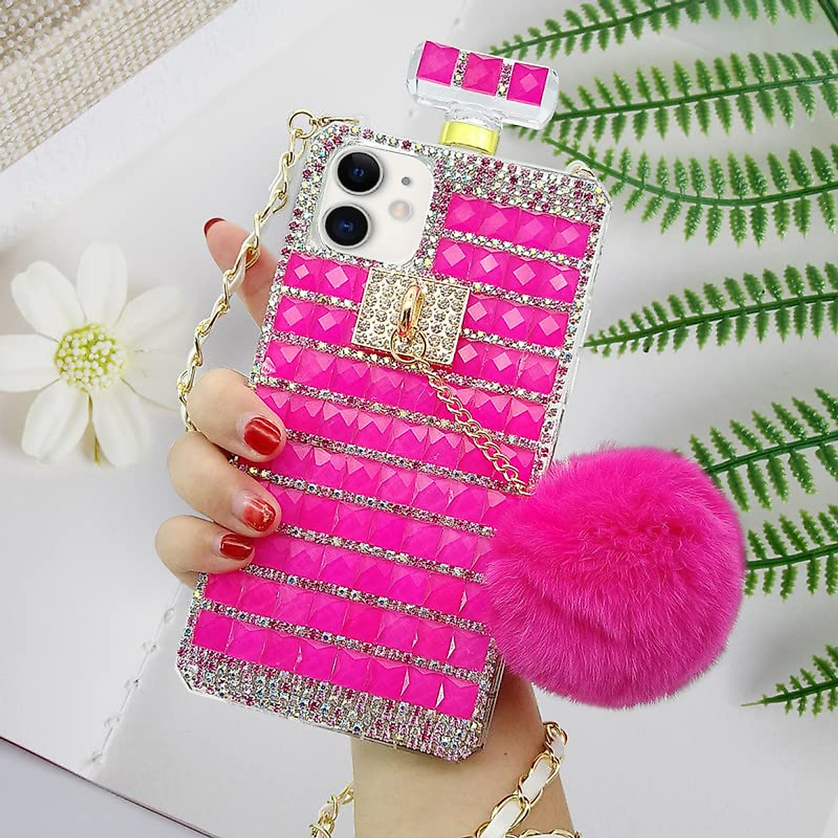 Losin Perfume Case Compatible with iPhone 12 6.1 inch Luxury Bling Diamond Rhinestone Bow Perfume Bottle Furry Plush Ball Bling Glitter Gemstone Soft TPU Back Case with Lanyard