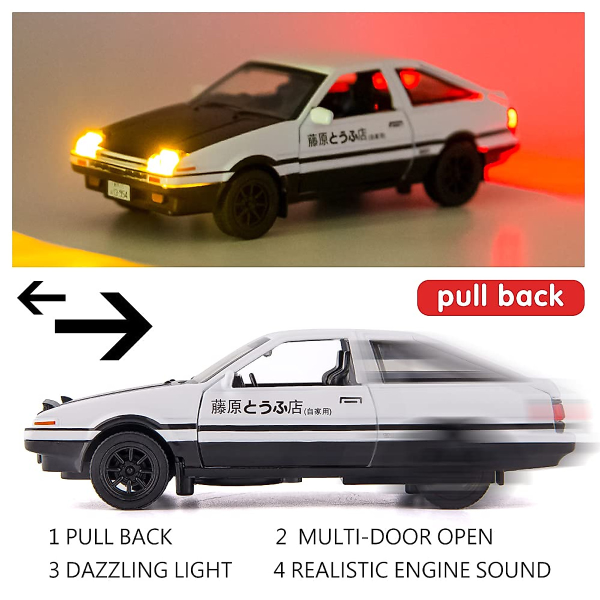 BDTCTK 1/32 AE86 Initial D Model Car, Zinc Alloy Pull Back Toy car with Sound and Light for Kids Boy Girl Gift(Black)