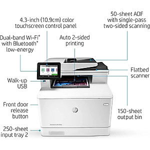 HP Laserjet Pro M479fdw All-in-One Wireless Color Laser Printer, White - Print Scan Copy Fax - 28 ppm, 600x600 dpi, 50-Sheet ADF, Auto Duplex Printing, Ethernet, Cbmou Printer＿Cable