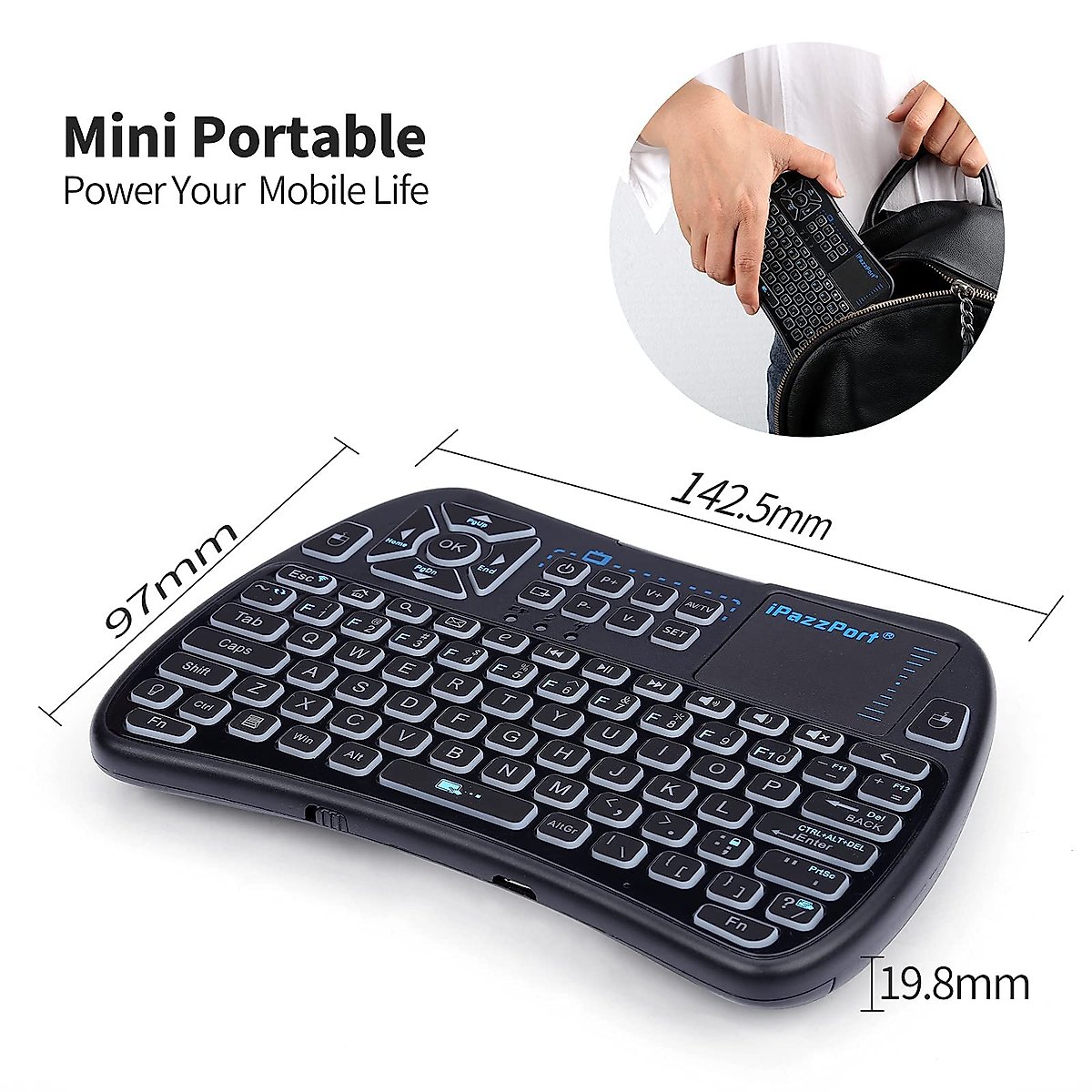 iPazzPort Bluetooth Mini Keyboard (IR Learning) Touchpad Mouse, Backlit 2.4GHz Wireless Keypad Remote Controller for Tablets, Smart TV,Fire Stick, Android TV Box KP-61SM (Bluetooth and 2.4G)