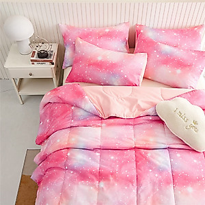 Pink Ombre Glitter Galaxy Comforter Set Twin Size for Girls, Sparkle Constellation Starry Sky Comforter for Kids Teen, 2 Piece Soft Microfiber Bedding Sets with 1 Pillow Case for All Season(Pink,Twin)